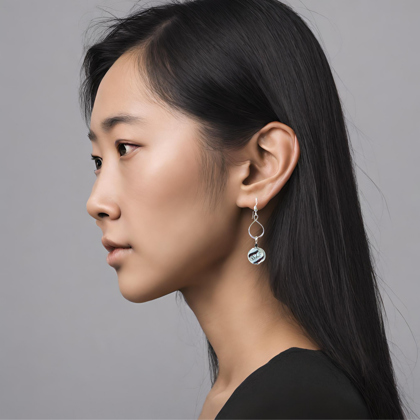 Murano Glass Black Swirl Coin Drop Silver Earrings – JKC Murano