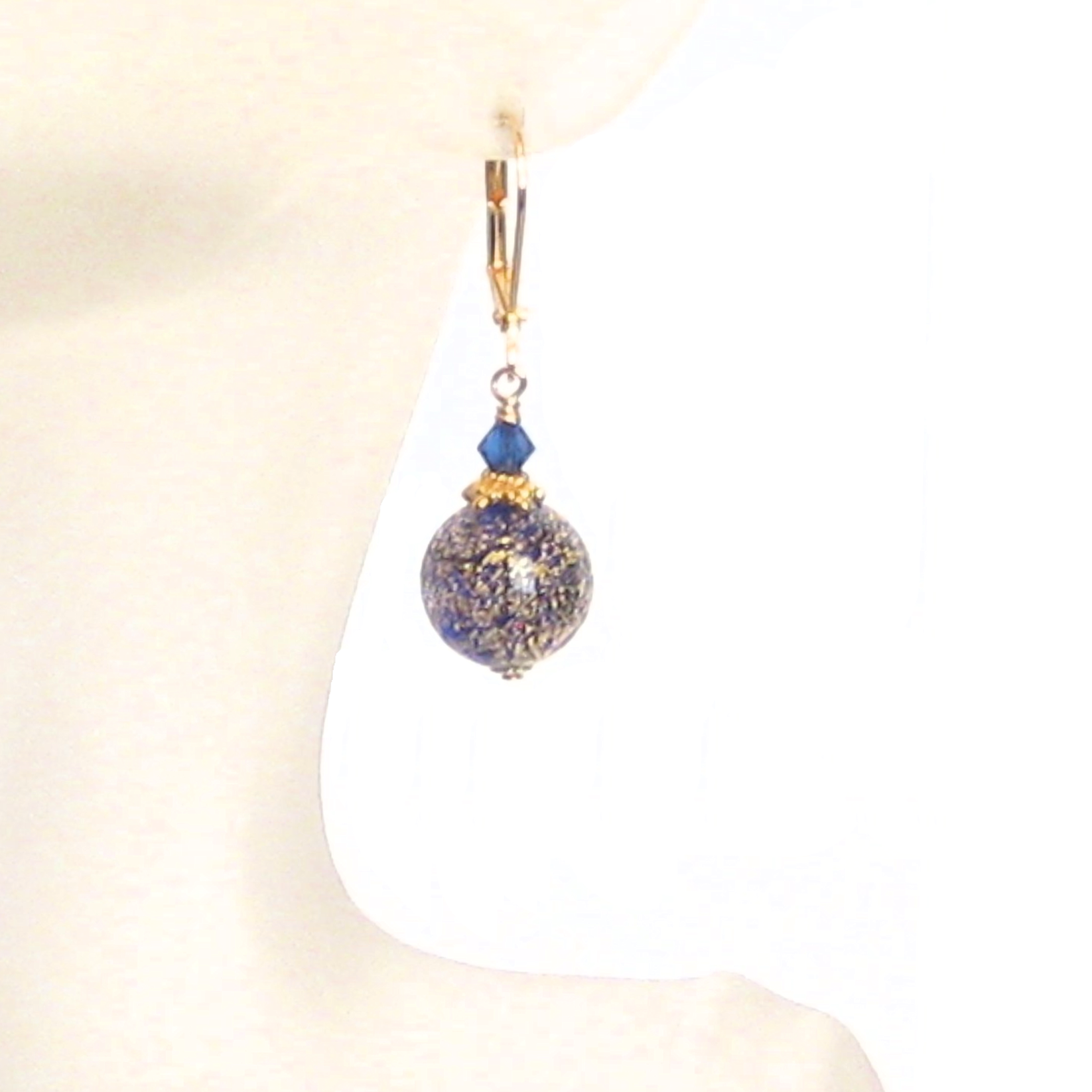 Murano Glass Cobalt Blue Ball Gold Earrings, Leverback Earrings – JKC ...